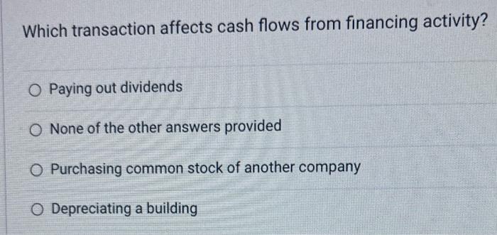 Solved Which transaction affects cash flows from financing | Chegg.com