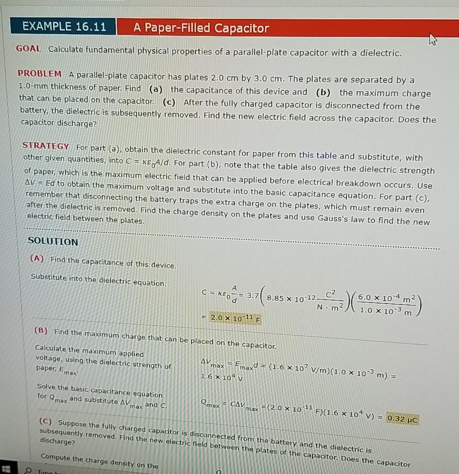 Solved EXAMPLE 16.11 A Paper-Filled Capacitor GOAL Calculate | Chegg.com