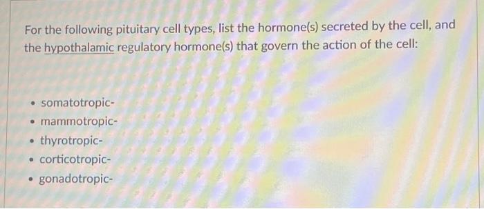 Solved For the following pituitary cell types, list the | Chegg.com