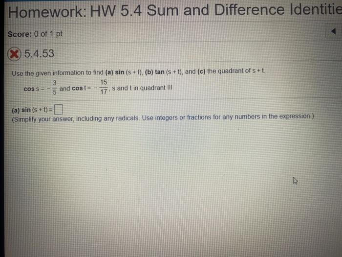 Solved Homework: HW 5.4 Sum and Difference Identitie Score: | Chegg.com