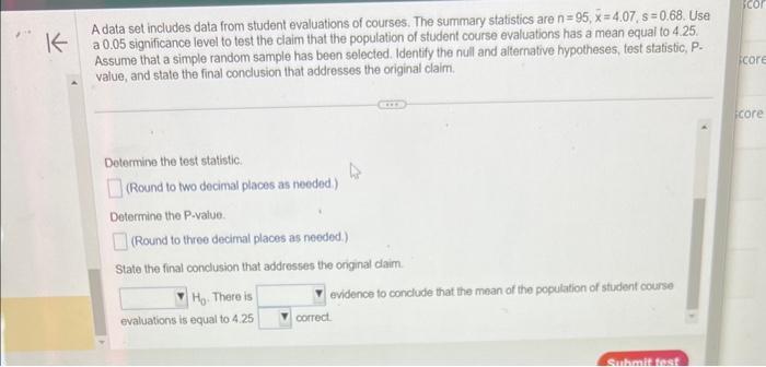 Solved A data set includes data from student evaluations of | Chegg.com