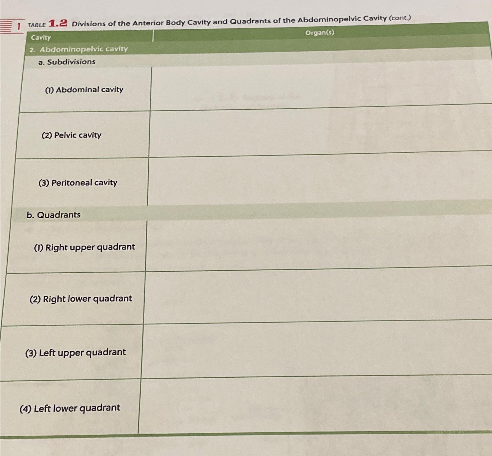 Solved 1 ﻿TAble 1.2 ﻿Divisions of the Anterior Body Cavity | Chegg.com