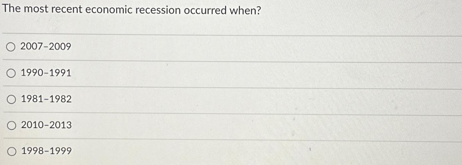 Solved The most recent economic recession occurred | Chegg.com