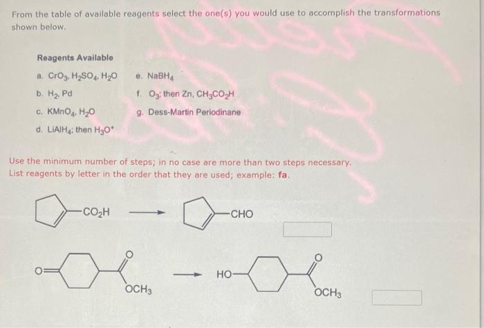 Solved From the table of available reagents select the | Chegg.com