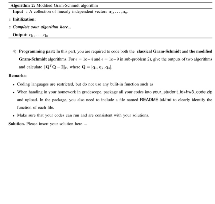Algorithm 2 Modified Gram Schmidt Algorithm Input