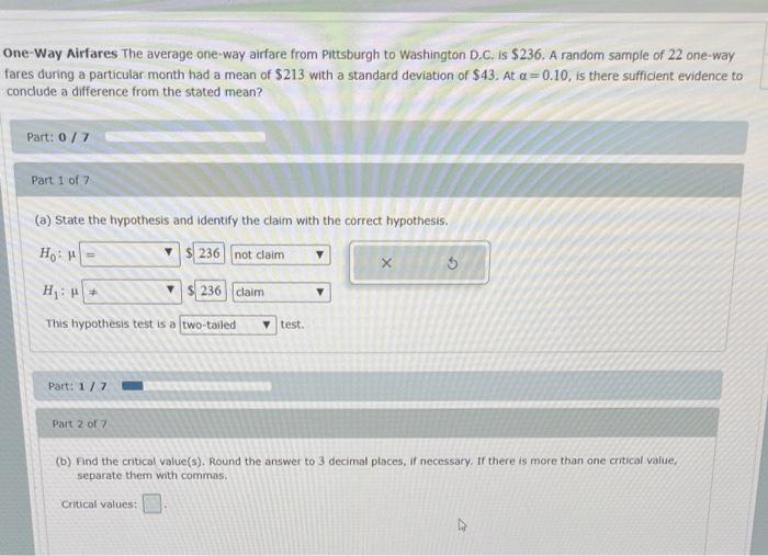 Solved One-Way Airfares The average one-way airfare from | Chegg.com