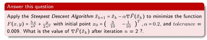 Solved Apply the Steepest Descent Algorithm xk+1=xk−α∇F(xk) | Chegg.com