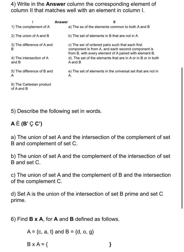 Solved 4) Write in the Answer column the corresponding | Chegg.com