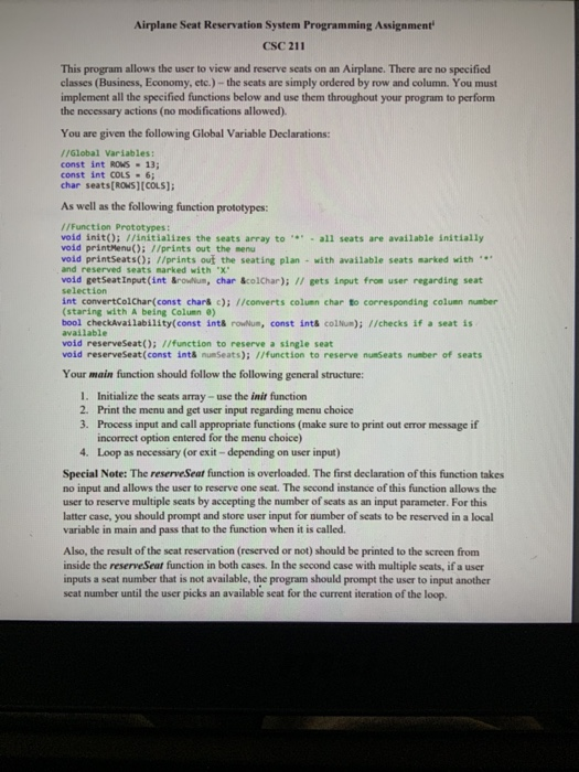 Solved Airplane Seating Programming Assignment CSC 211 | Chegg.com