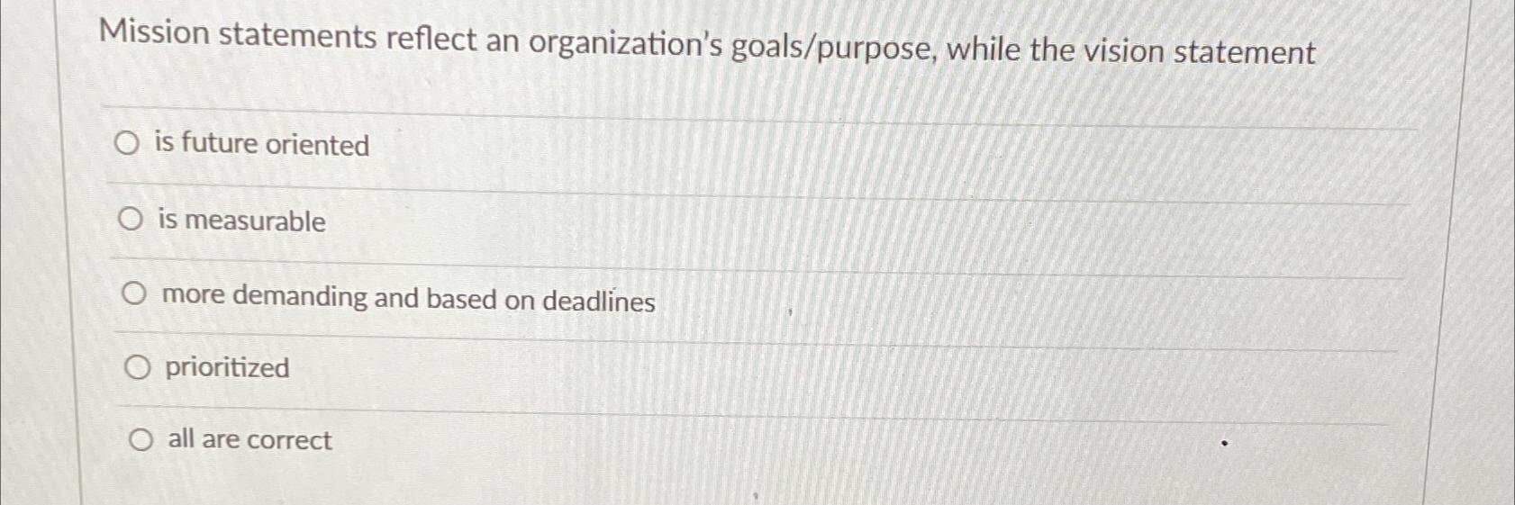 Solved Mission statements reflect an organization's | Chegg.com