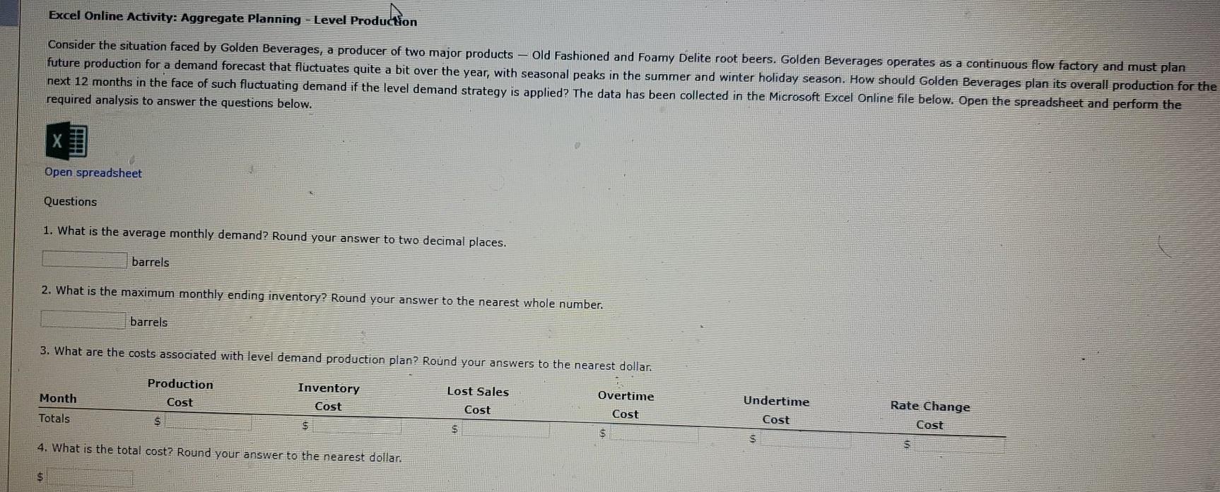 Solved Excel Online Activity: Aggregate Planning - Level | Chegg.com