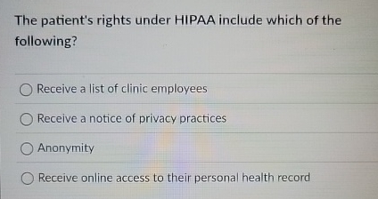 Solved The patient's rights under HIPAA include which of the | Chegg.com