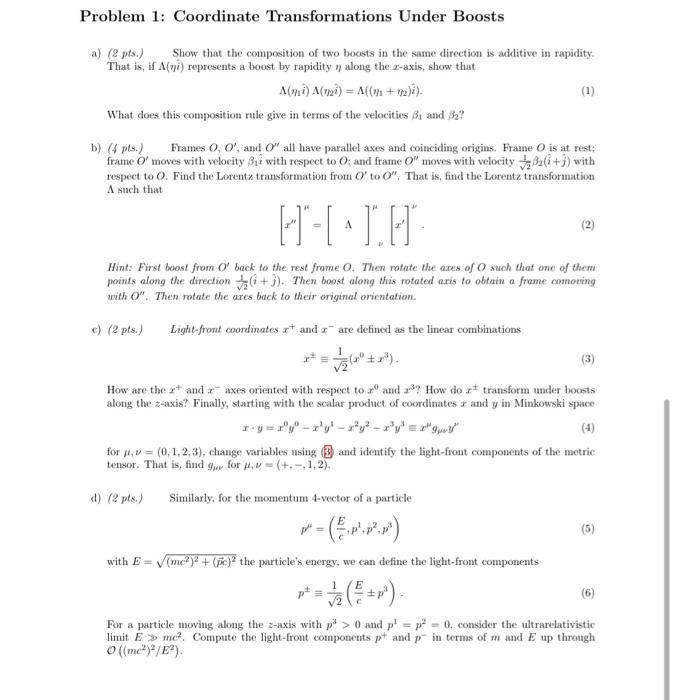 Solved Problem 1 Coordinate Transformations Under Boosts A 