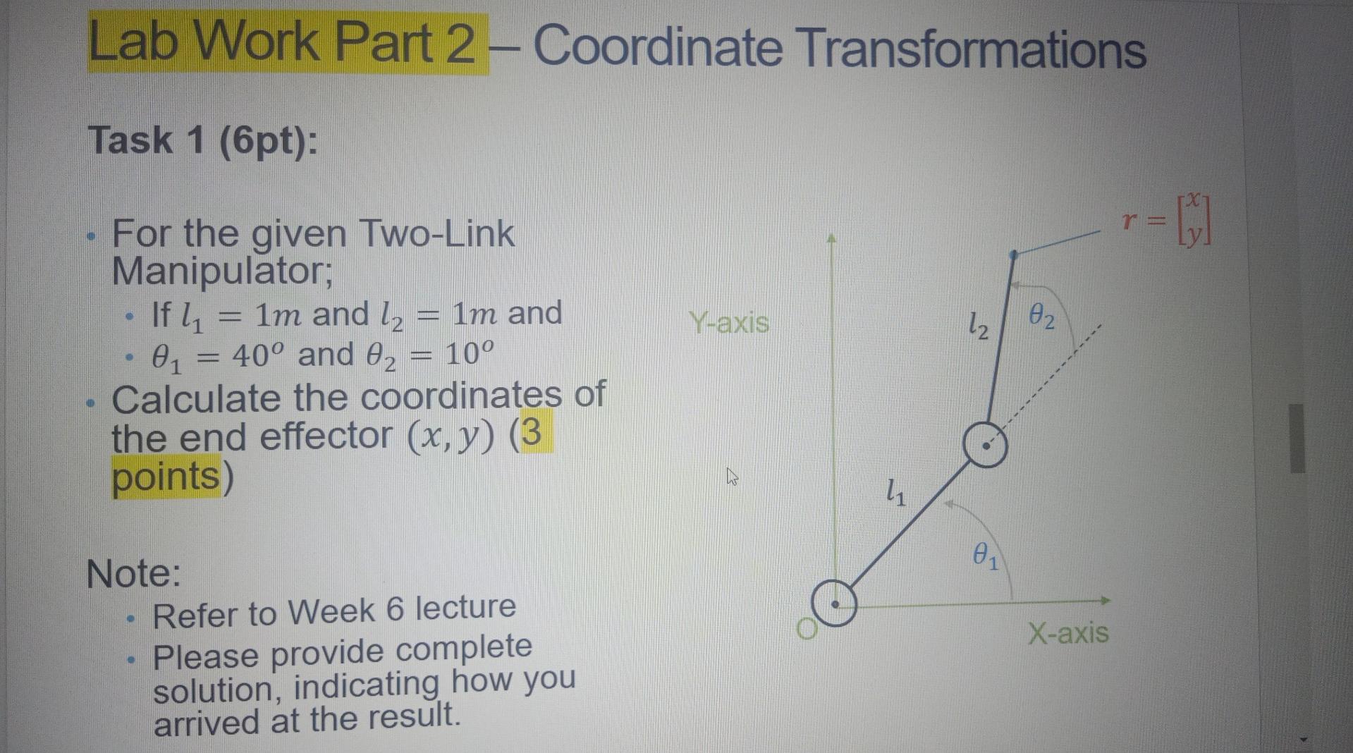 Solved Lab Work Part 2 - Coordinate Transformations Task 1 | Chegg.com