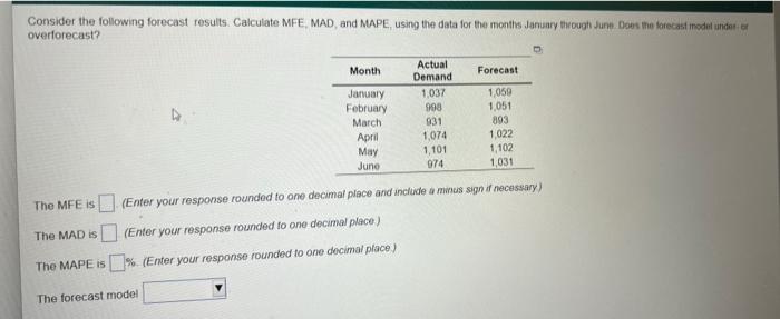 Solved Consider the following forecast results. Calculate | Chegg.com