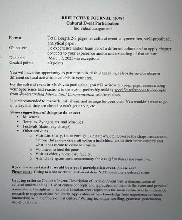 REFLECTIVE JOURNAL (10%) Cultural Event Participation | Chegg.com