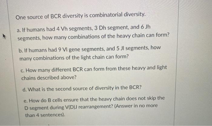 Solved One source of BCR diversity is combinatorial | Chegg.com
