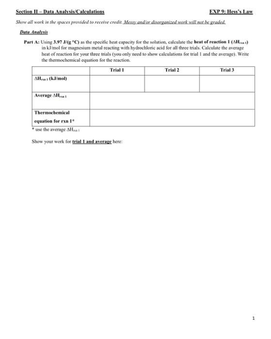 Section II - Data Analysis/Calculations EXP 9: Hess's | Chegg.com