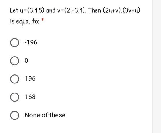 Solved Let u=(3,1,5) and v=(2,-3,1). Then (2u+v).(3v+u) is | Chegg.com Solved Let u=(3,1,5) and v=(2,-3,1). Then (2u+v).(3v+u) is | Chegg.com