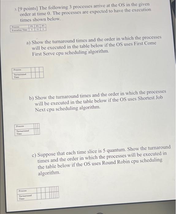 Solved 3. (9 points) The following 3 processes arrive at the | Chegg.com