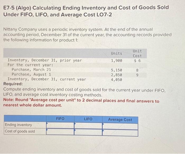 Solved E7-5 (Algo) Calculating Ending Inventory and Cost of | Chegg.com