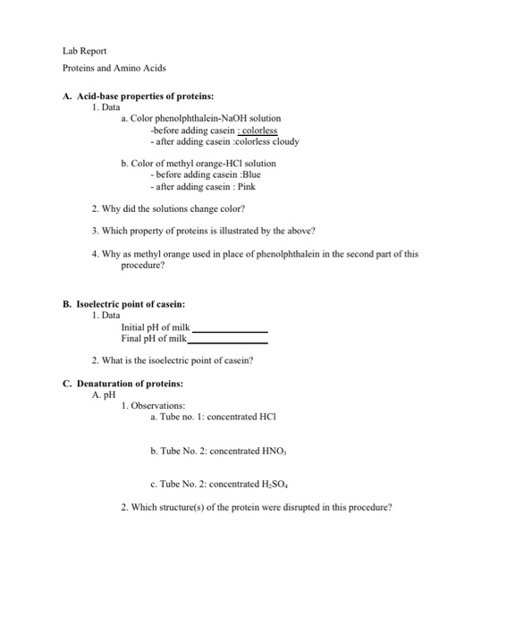 Lab Report Proteins and Amino Acids A. Acid-base | Chegg.com