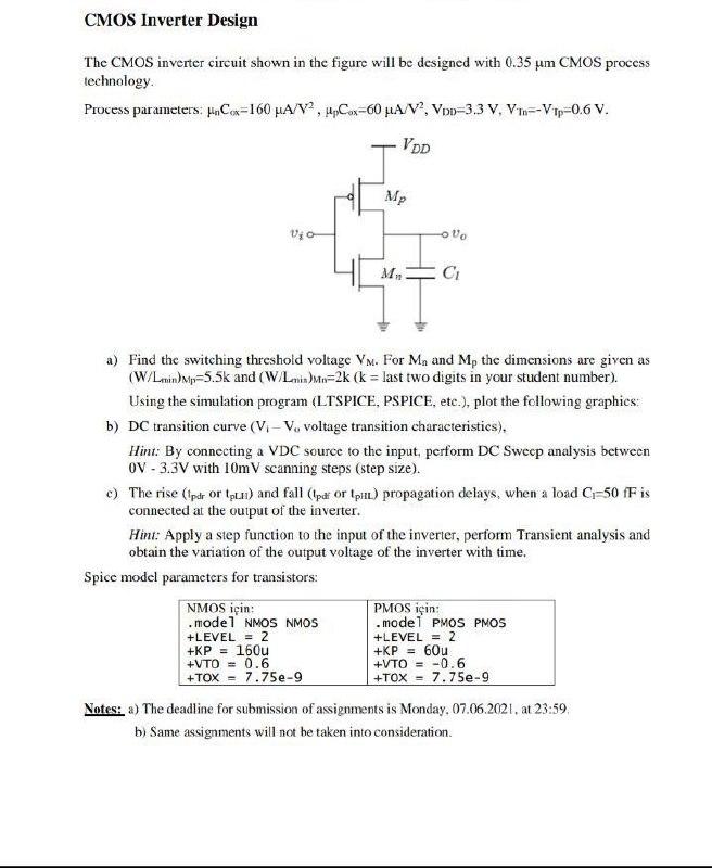 Solved CMOS Inverter Design The CMOS inverter circuit shown | Chegg.com