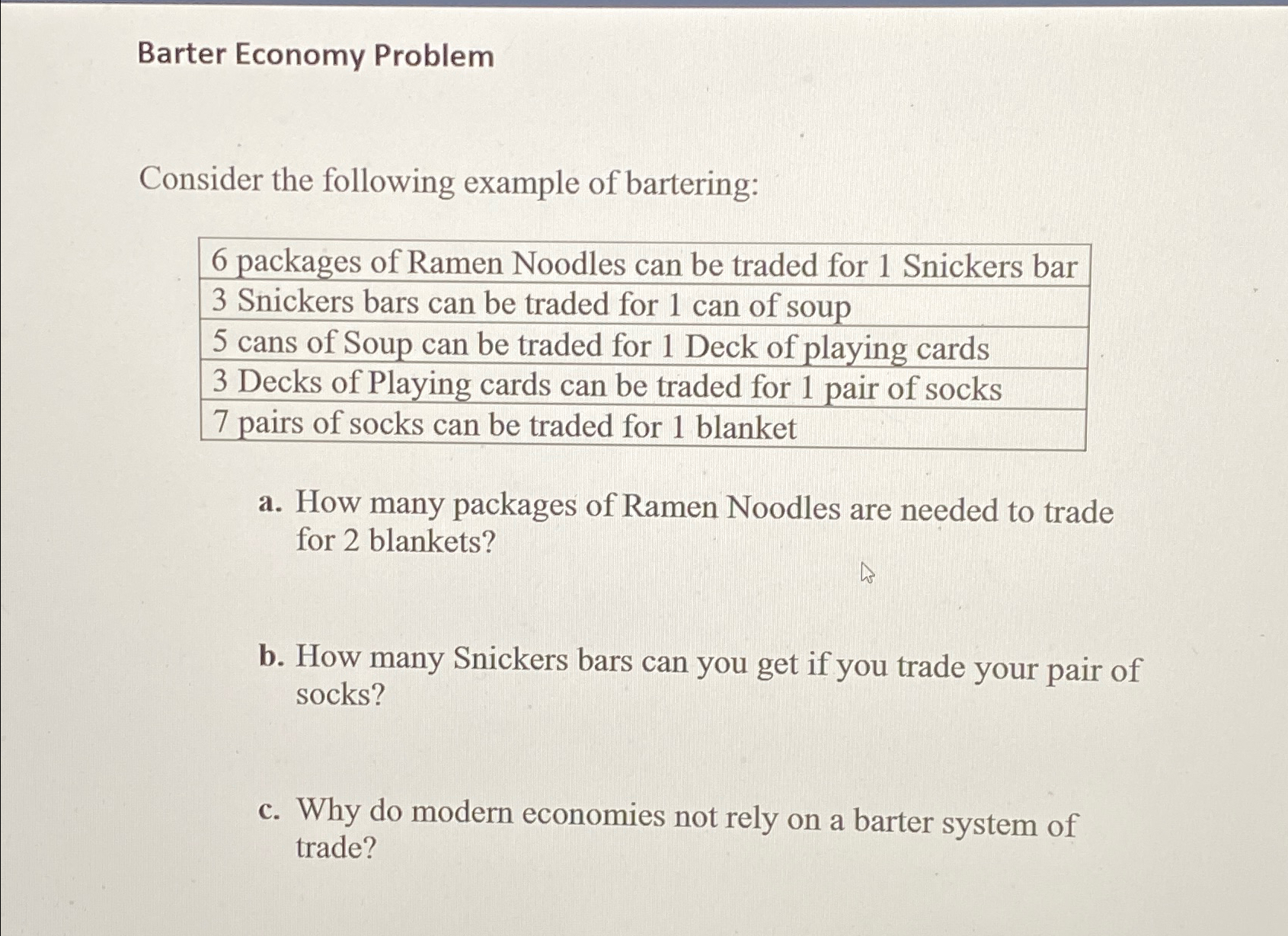Solved Barter Economy ProblemConsider the following example | Chegg.com