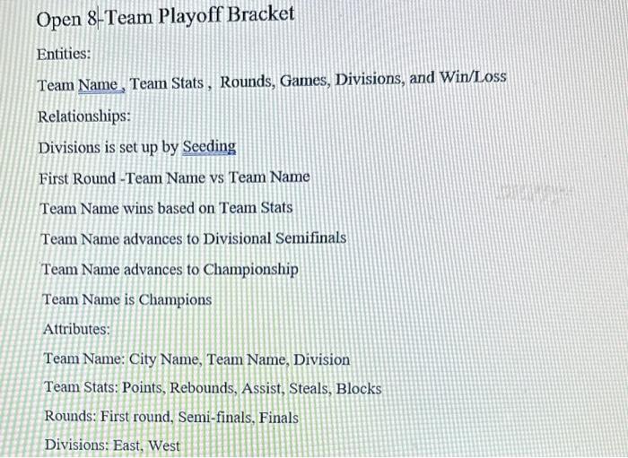 Solved Open 8-Team Playoft Bracket Entities: Team Name, Team | Chegg.com