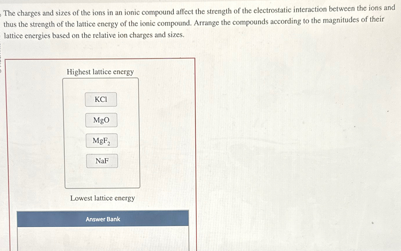 Solved The charges and sizes of the ions in an ionic | Chegg.com