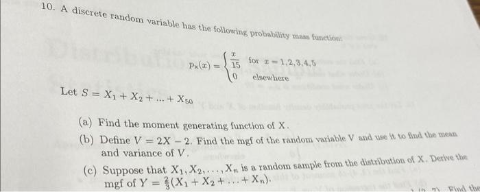 Solved 10. A discrete random variable has the following | Chegg.com