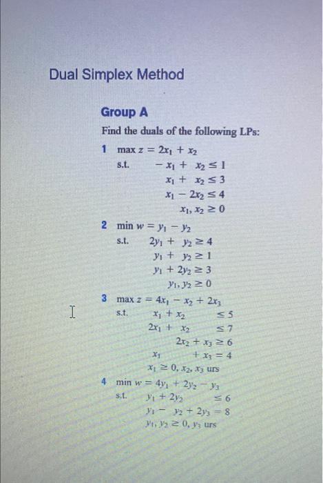 Solved Dual Simplex Method Group A Find the duals of the | Chegg.com