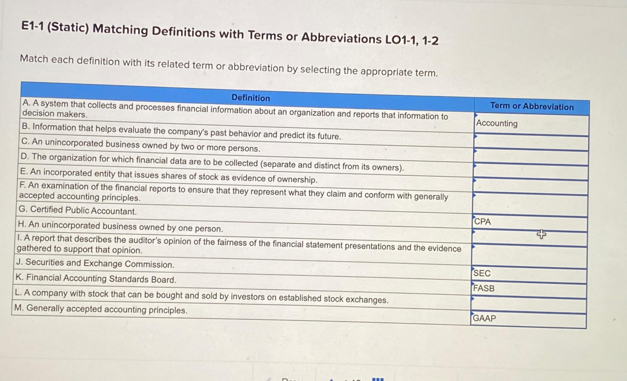 Solved E1-1 (Static) Matching Definitions with Terms or | Chegg.com