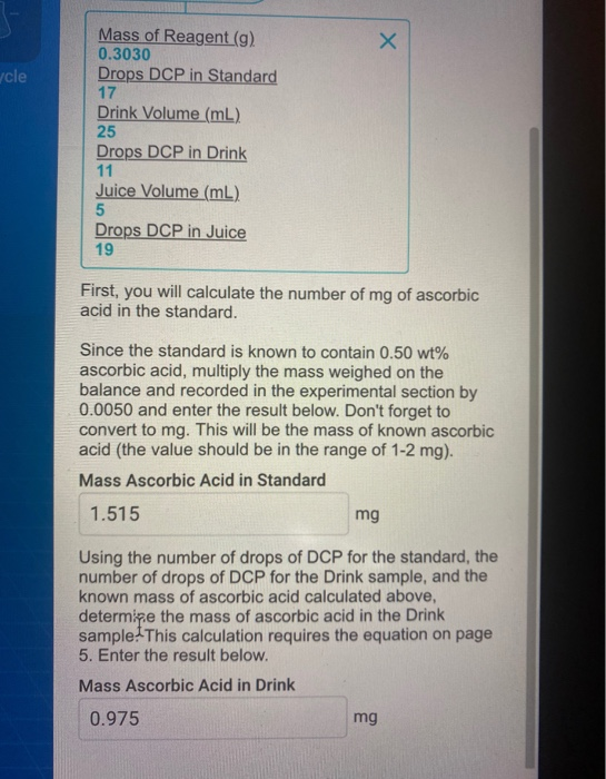 Solved X cle Mass of Reagent (9) 0.3030 Drops DCP in | Chegg.com