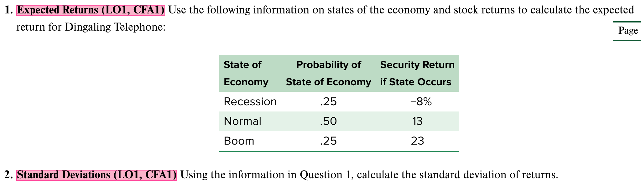 Solved 1. ﻿Expected Returns (LO1, ﻿CFA1) ﻿Use the following | Chegg.com
