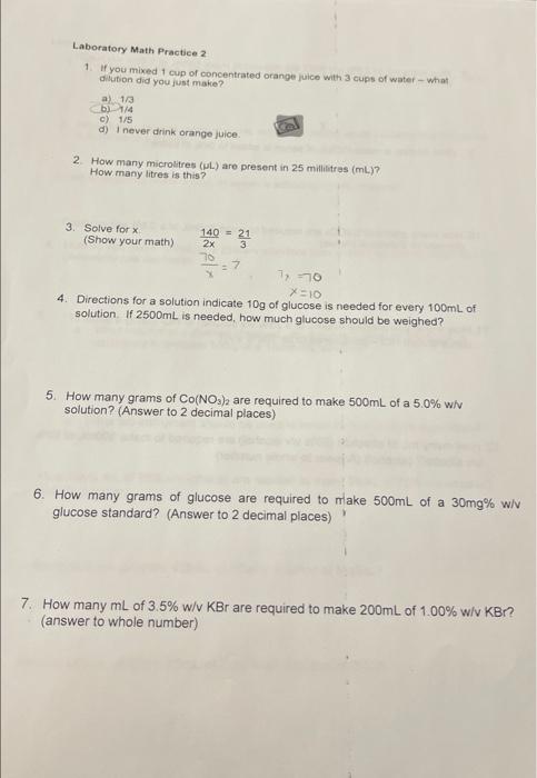Solved Laboratory Math Practice 2 1. you mixed 1 cup of | Chegg.com