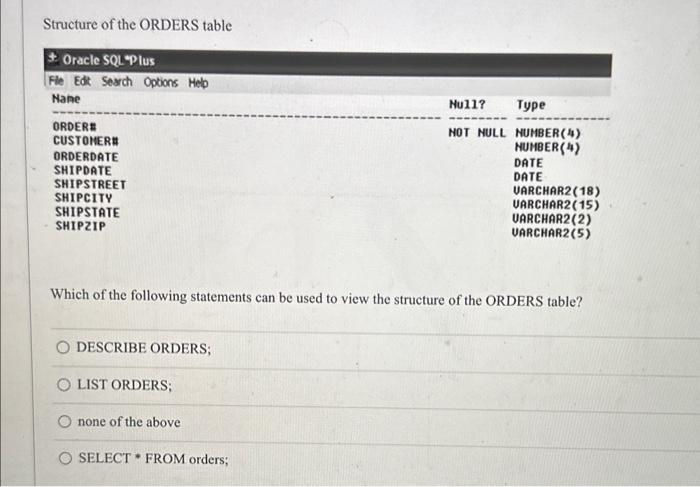 Solved Structure of the ORDERS table Which of the following | Chegg.com