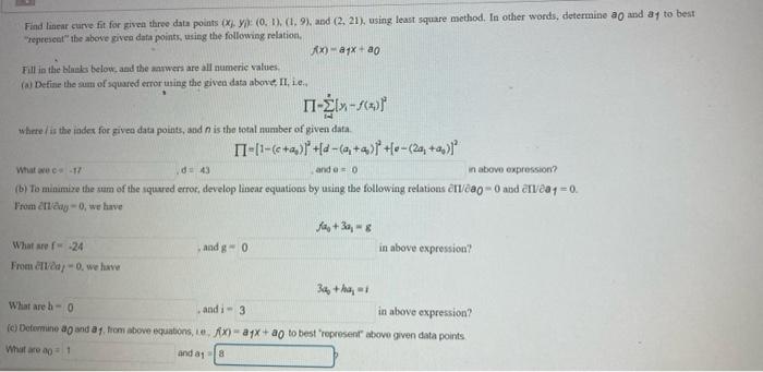 Find linear curve fit for given three dats points | Chegg.com
