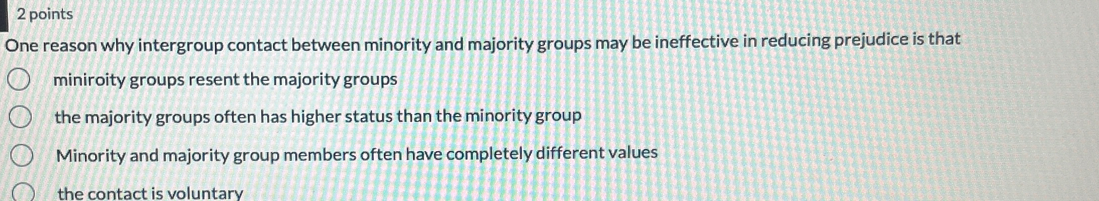 Solved 2 ﻿pointsOne reason why intergroup contact between | Chegg.com