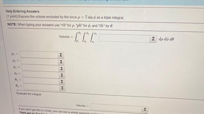 Solved Help Entering Answers (1 point) Express the volume | Chegg.com