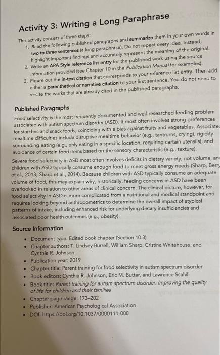 Activity 3: Writing a Long Paraphrase This activity | Chegg.com