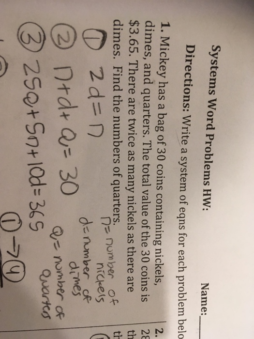 Solved 2. Systems Word Problems HW: Name: Directions: Write | Chegg.com