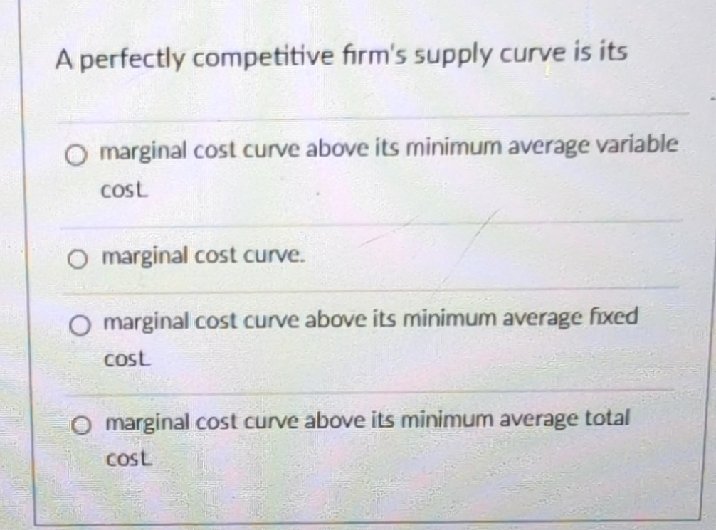 Solved A perfectly competitive firm's supply curve is | Chegg.com