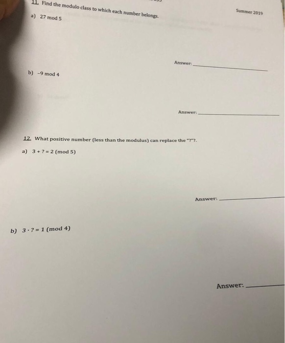 Solved 11. Find the modulo class to which each number | Chegg.com