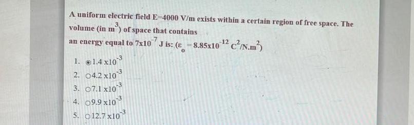 Solved A uniform electric field E=4000 V/m exists within a | Chegg.com