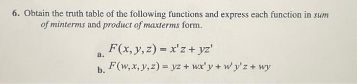 Solved 6 Obtain The Truth Table Of The Following Functions