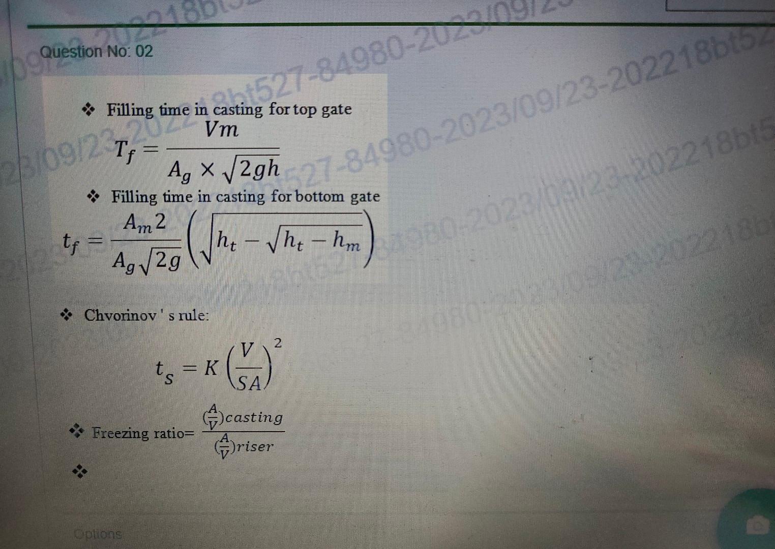Solved Filling time in casting for top gate Tf=Ag×2ghVm * | Chegg.com