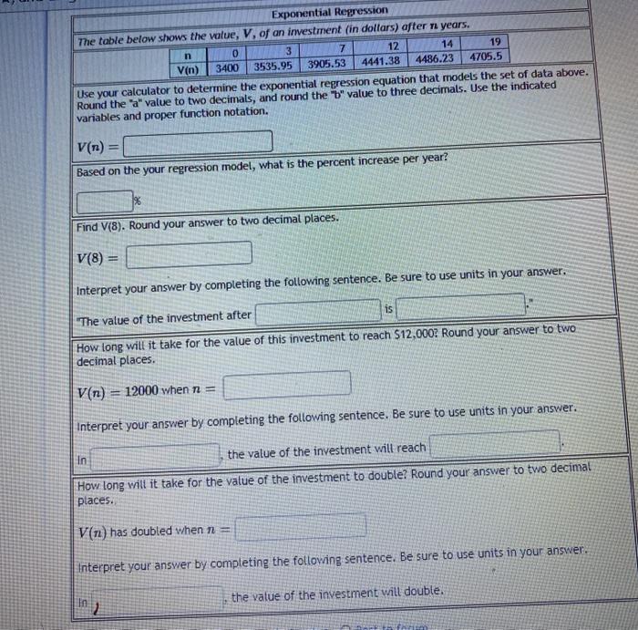 Solved Exponential Regression The table below shows the | Chegg.com