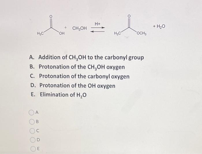 Solved CH3OH H+ +H2O A. Addition of CH3OH to the carbonyl | Chegg.com