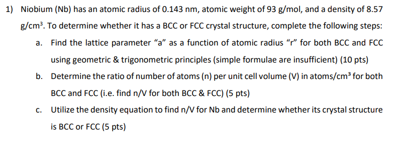 Solved Niobium (Nb) ﻿has an atomic radius of 0.143nm, | Chegg.com